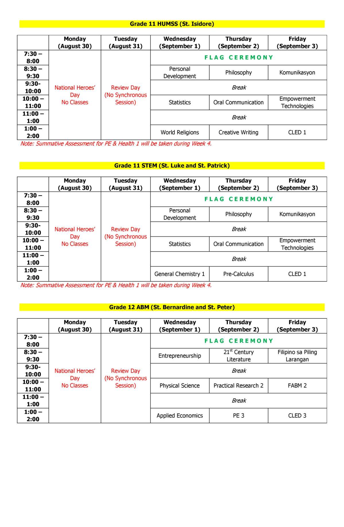 Schedule of First Summative Assessment First Quarter School Year 2021 ...