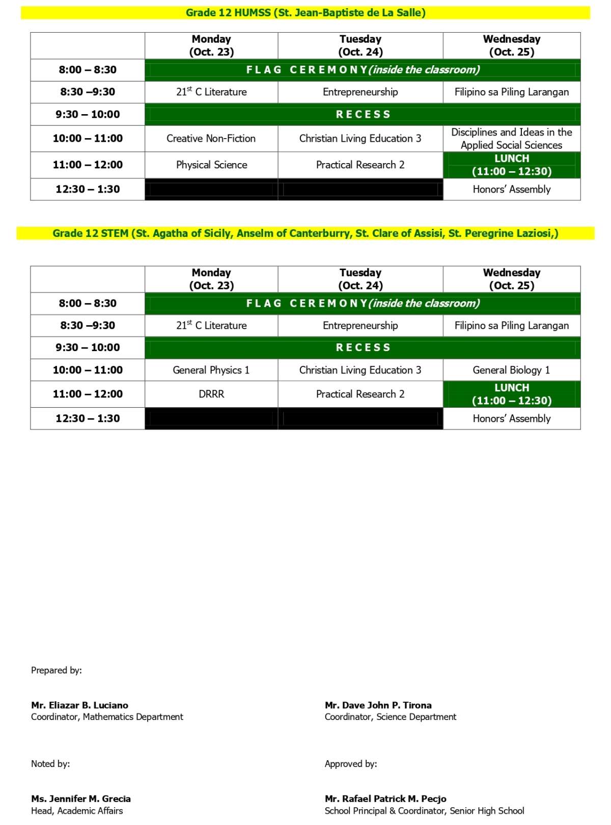 Schedule of Second Quarter First Summative Assessment School Year 2023 ...