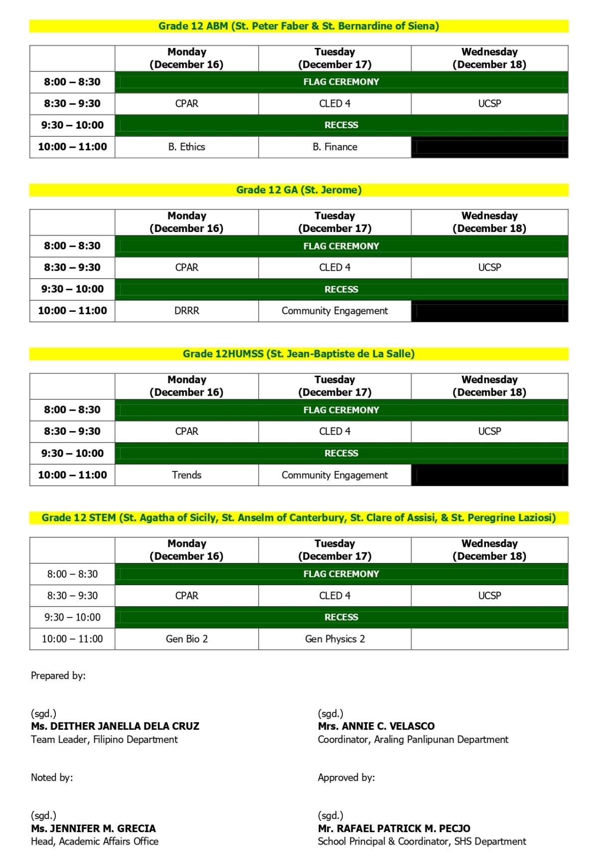 Schedule of Third Quarter Summative Assessment SY 2024-2025 - San Jose ...