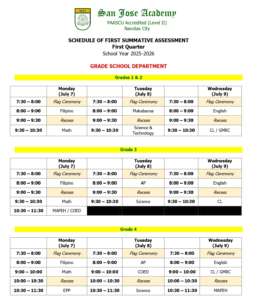 Schedule of First Quarter First Summative Assessment SY 2025-2026 - San ...